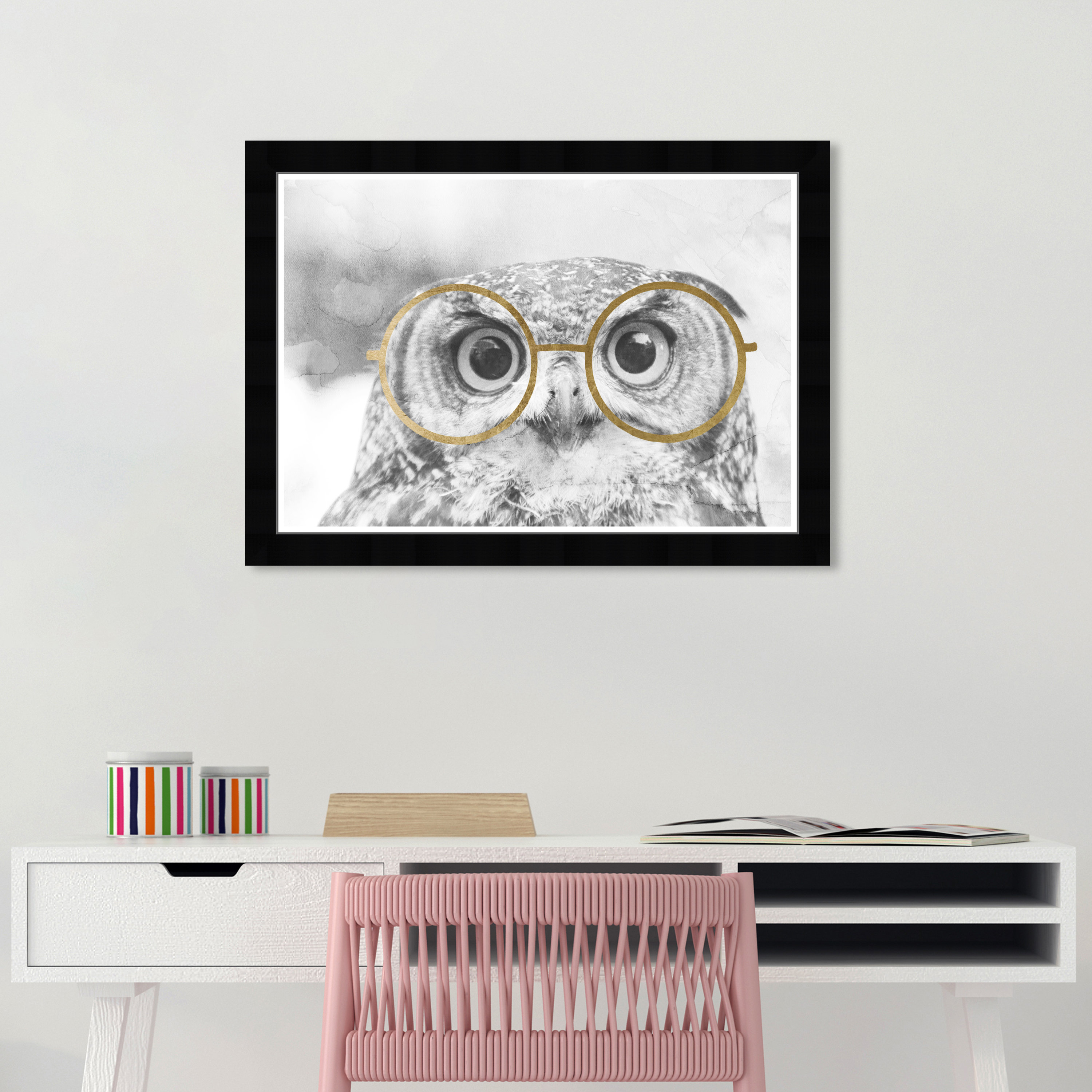 Millwood Pines Animals Nerdy Owl Glam Black Paper Wall Art Print | Wayfair
